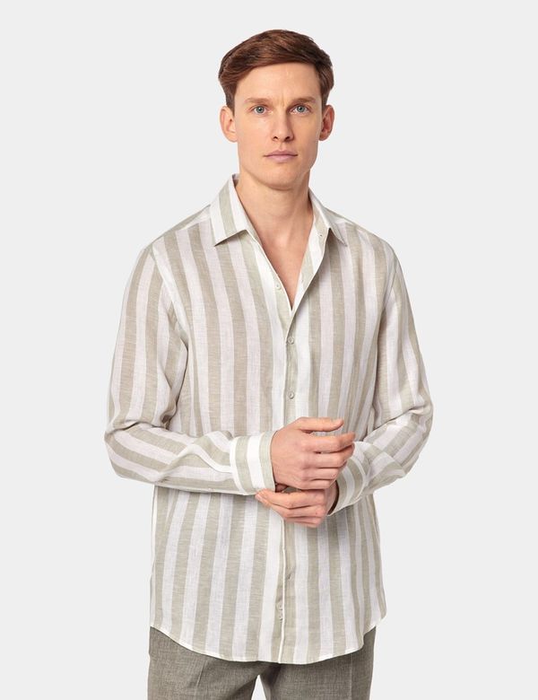 Men's Sage Green & White Bold Stripe Pure Linen Slim Shirt - One Piece ...