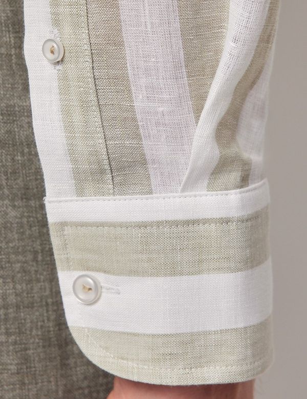 Men's Sage Green & White Bold Stripe Pure Linen Slim Shirt - One Piece ...