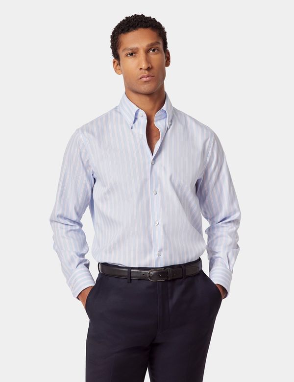 Men's Non-Iron Blue & Pink Bold Stripe Pin Point Oxford Shirt - Button ...