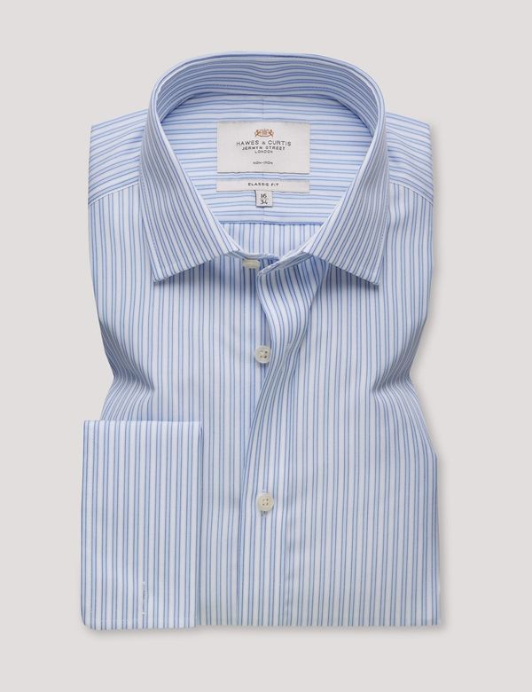 Men's Non-Iron Blue & White Multi Stripe Classic Fit Shirt - French ...
